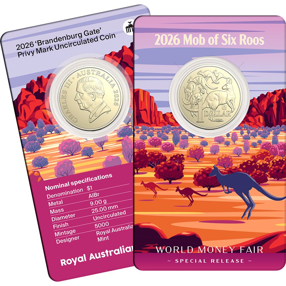 Mob Of Six Roos - World Money Fair Brandenburg Gate Privy Mark Unc Coin ...